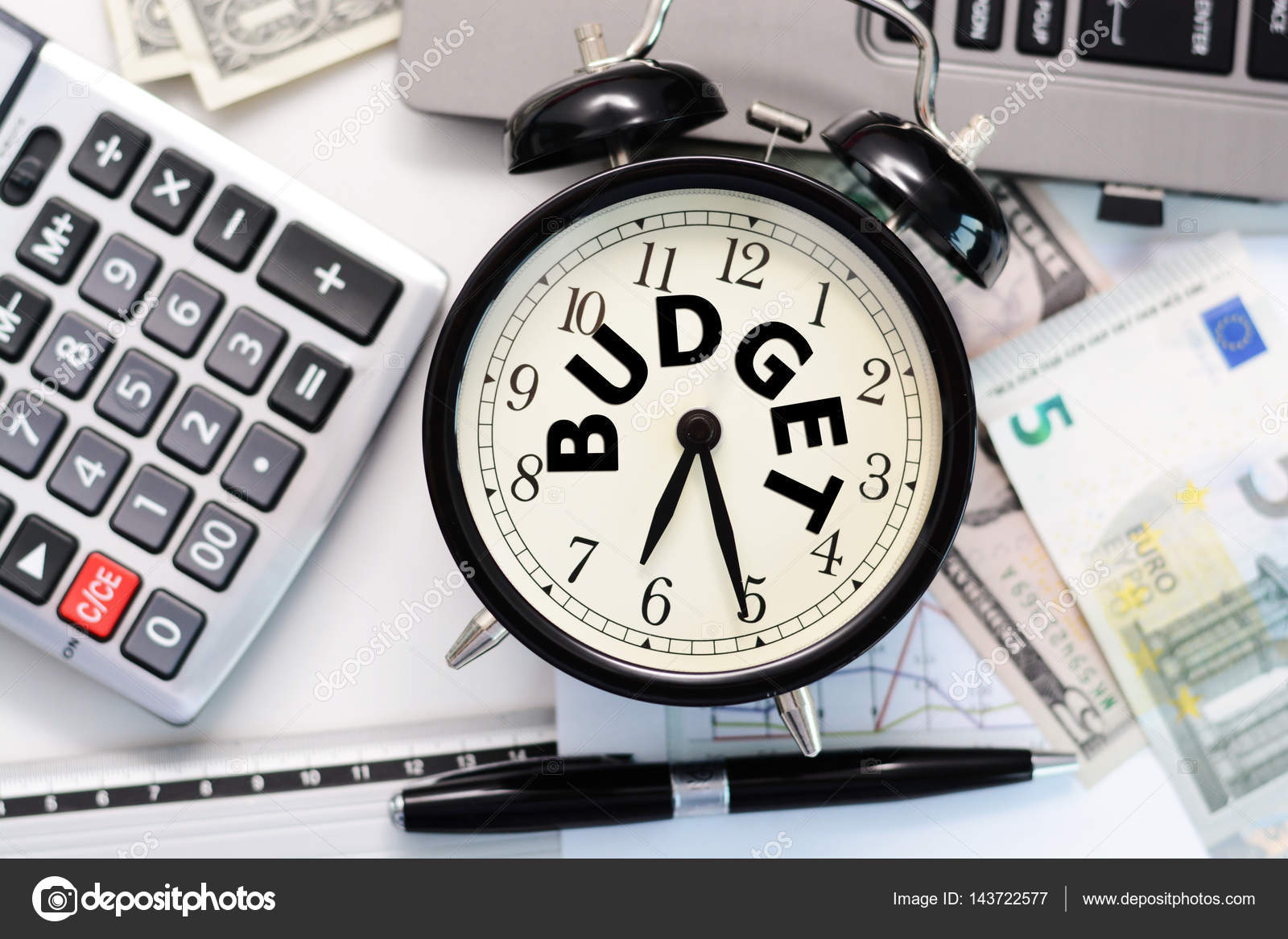 Budget exercise or forecast with old clock with the work budget on its ...