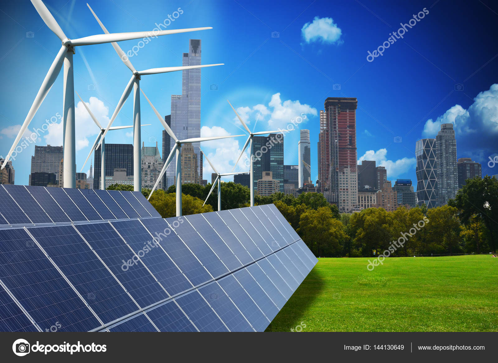 Modern green city powered only by renewable energy sources concept ...