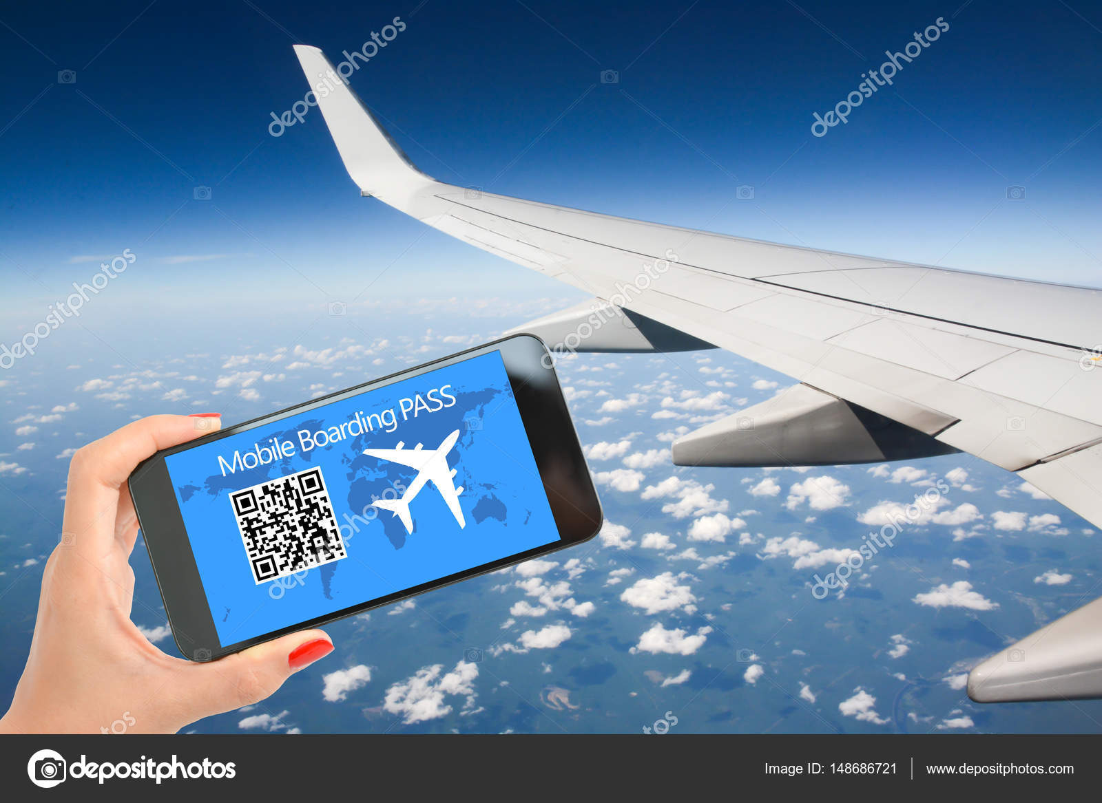 Mobile or electronic boarding pass on the screen of smartphone, with ...