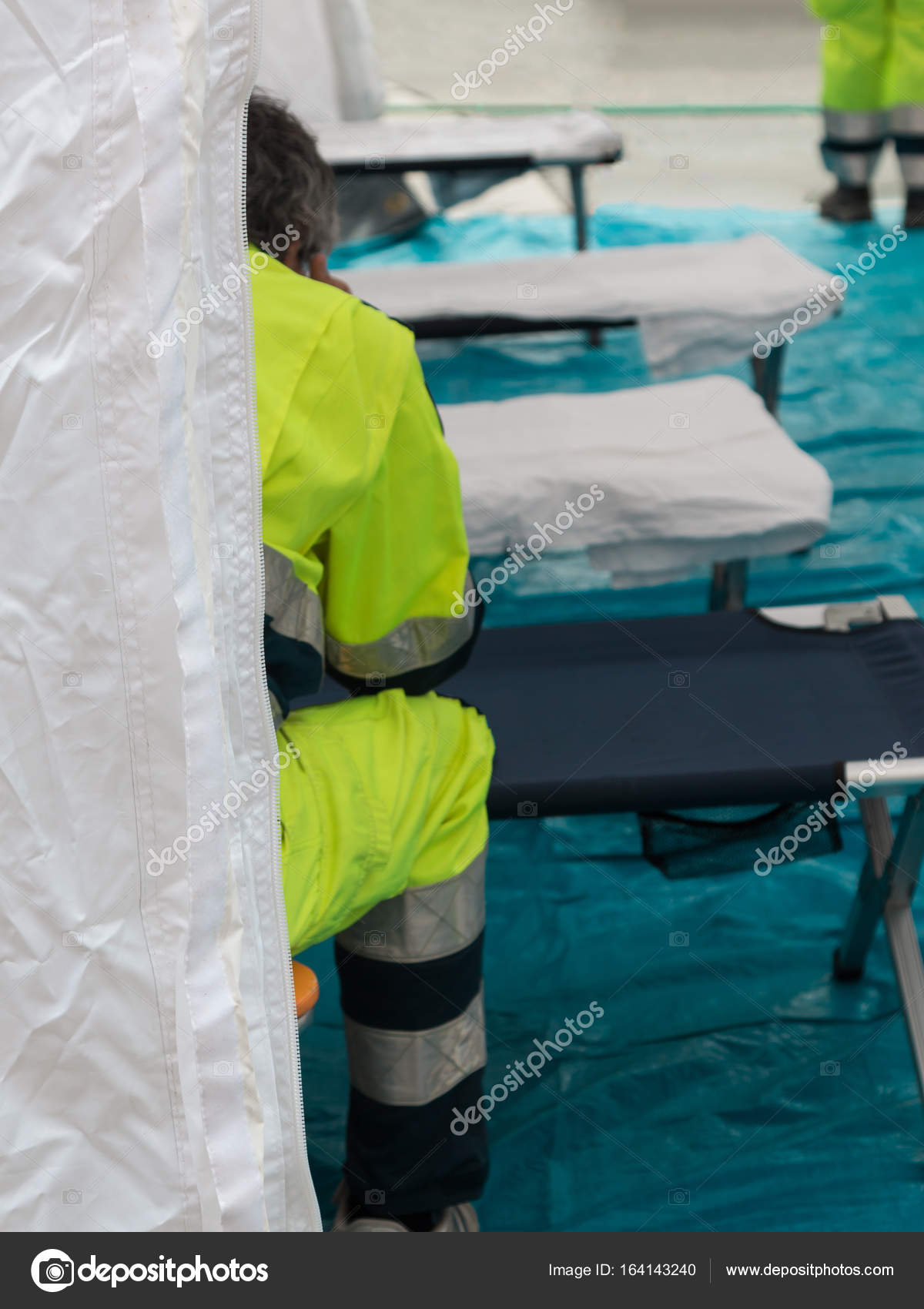 Paramedic Waiting for Emergency inside Temporary Rescue Control Stock ...