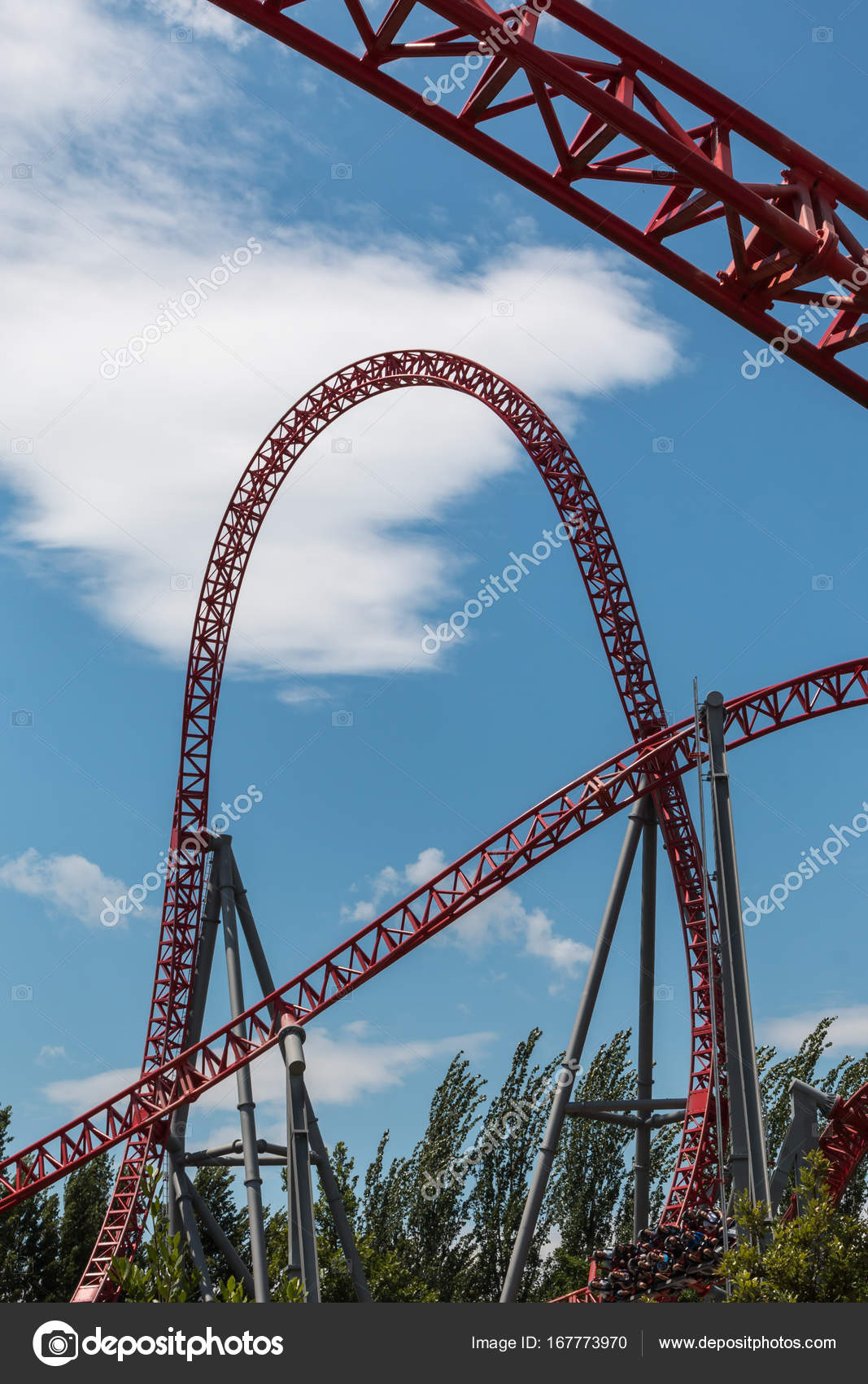 Red Roller-coaster Track inside Public Amusement Park — Stock Photo ...