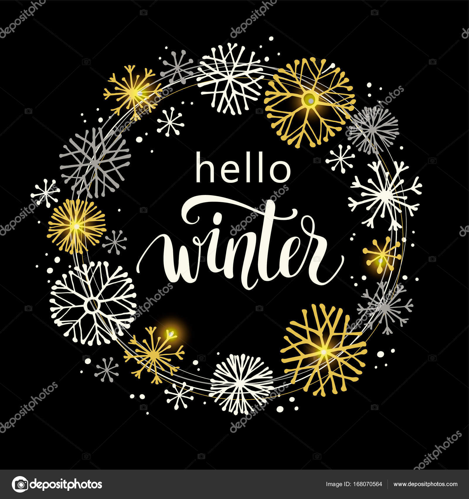 Winter lettering design on snow background with hand drawn snowflake ...