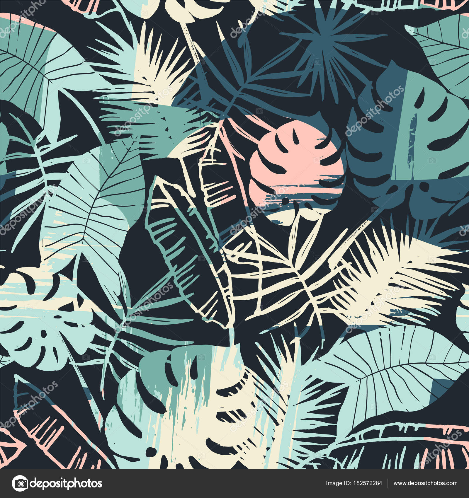 Seamless exotic pattern with tropical plants and artistic background ...