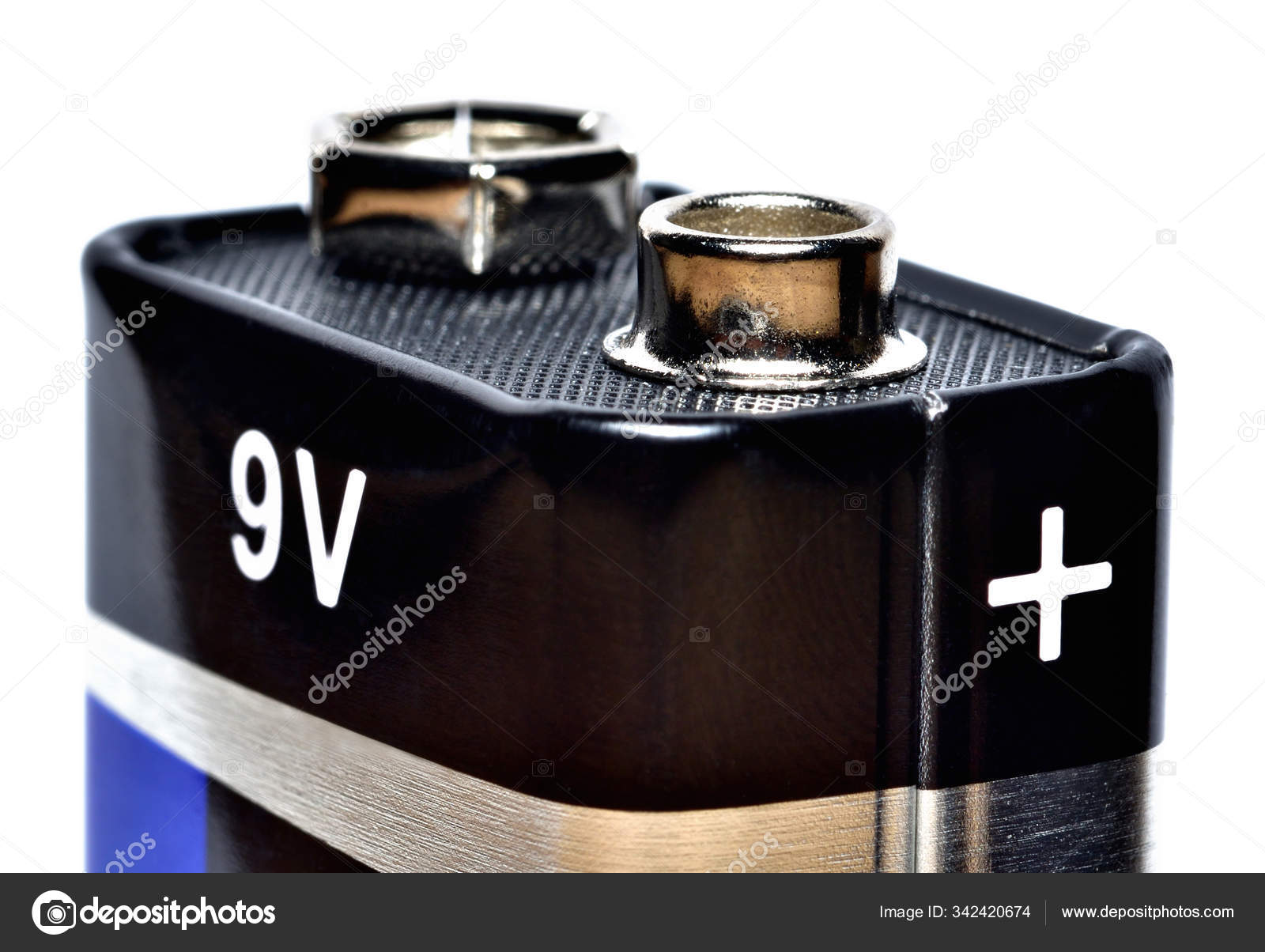 9V battery isolated on white background. Close-up detail of connectors ...