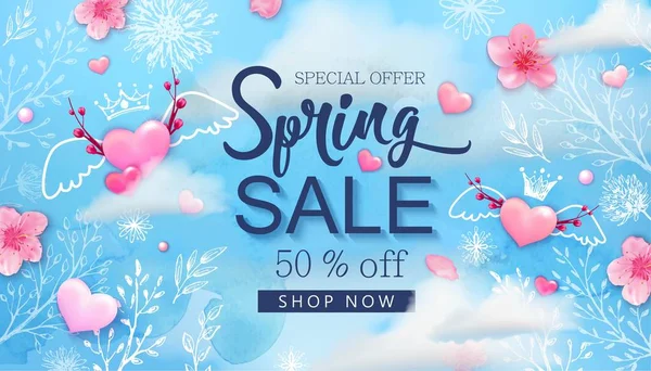 Spring sale background with flowers. Season discount banner design with ...