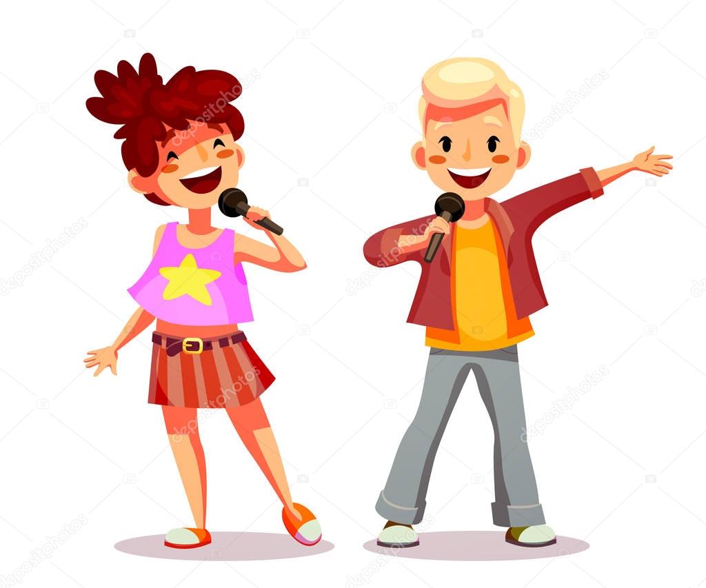Chica Y Niño Cantando En Un Micrófono Divertido Personaje De Dibujos
