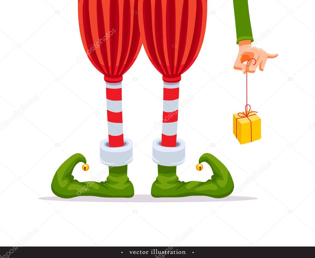 Las piernas del elfo y la mano del elfo con un regalo. Composición ...
