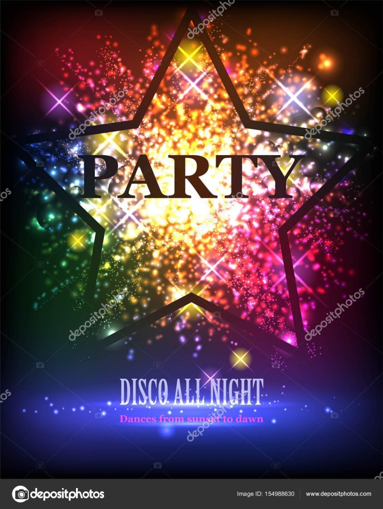 Disco party vector poster template with sparkles and glitter , glow ...