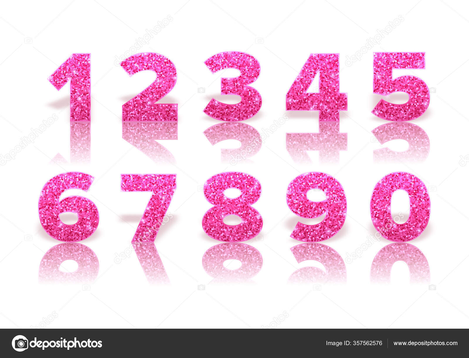 Pink Glitter Numbers Reflection Shadow Isolated White Background ...