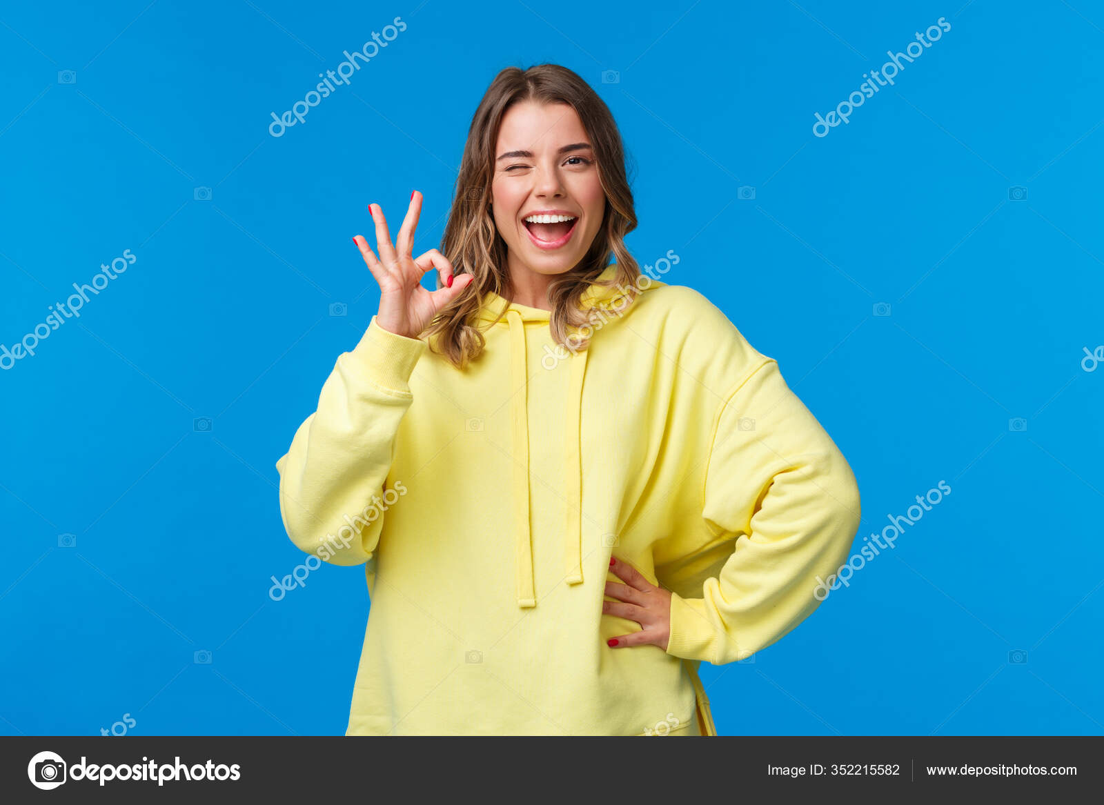 No problem, everything done. Confident good-looking young blond girl ...