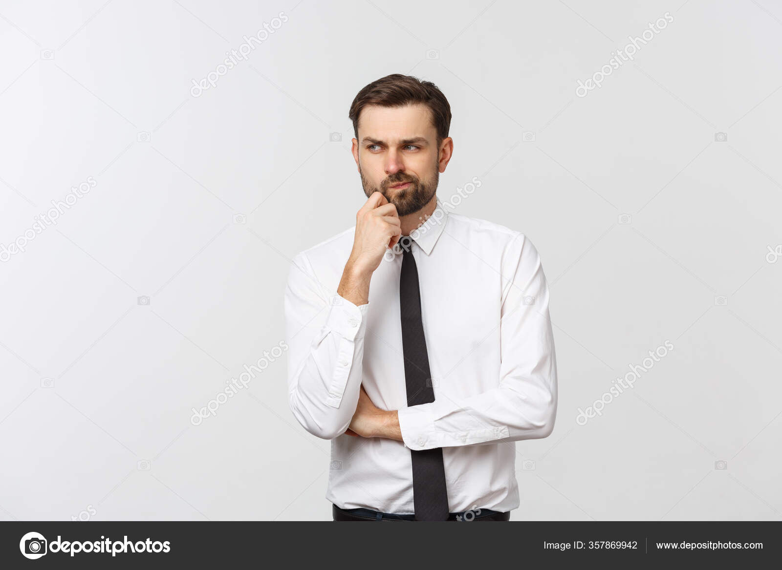 Thinking man isolated on white background. Closeup portrait of a casual ...