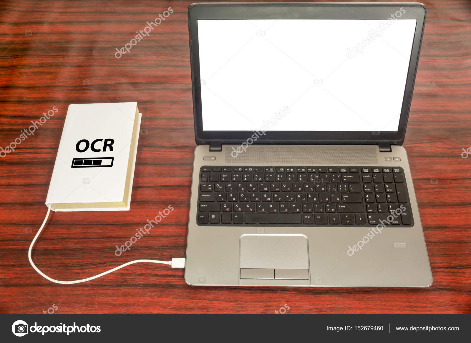 Optical character recognition concept. Book and laptop — Stock Photo ...