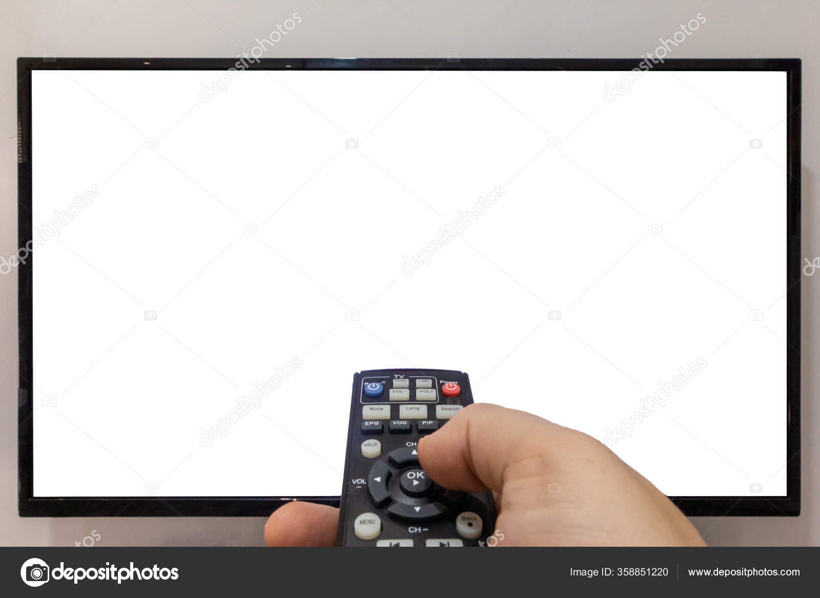 Persona Apuntando Televisor Remoto Pulsando Botones Delante Televisor ...