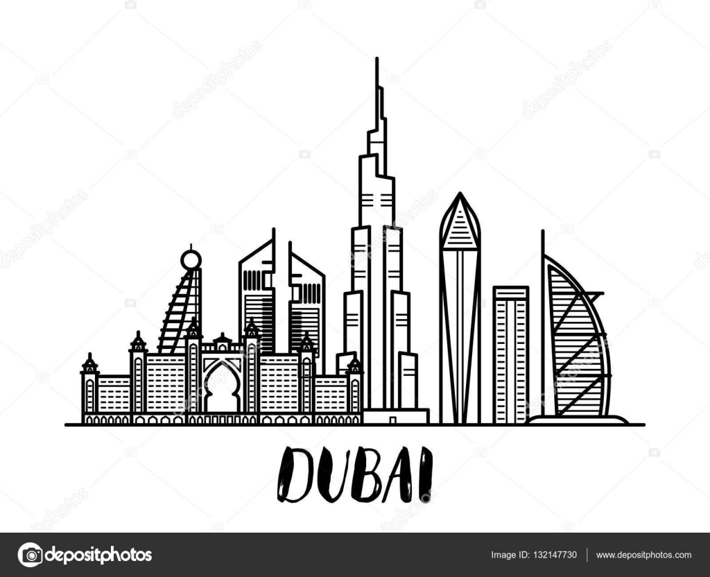 Dubai landscape line art illustration with modern lettering rectangular ...