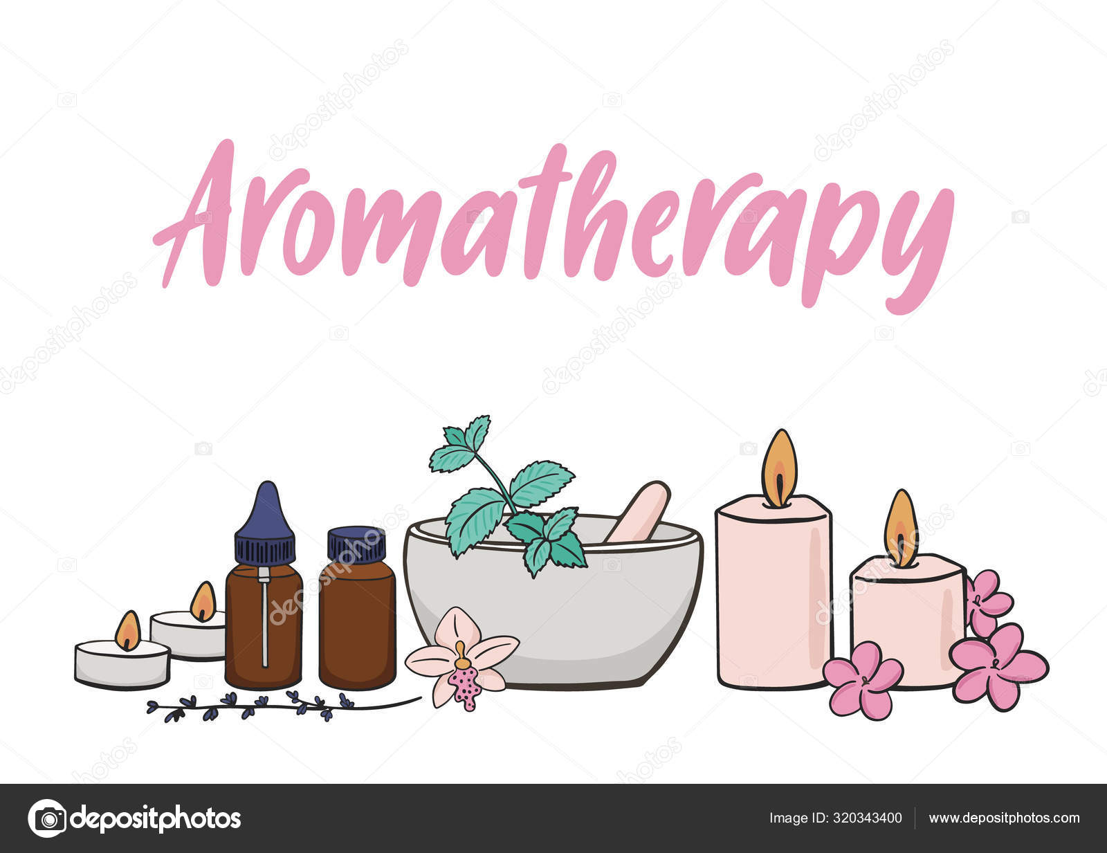 Aromatherapy Vector Illustration Essential Oils Flowers Herbs Candles ...