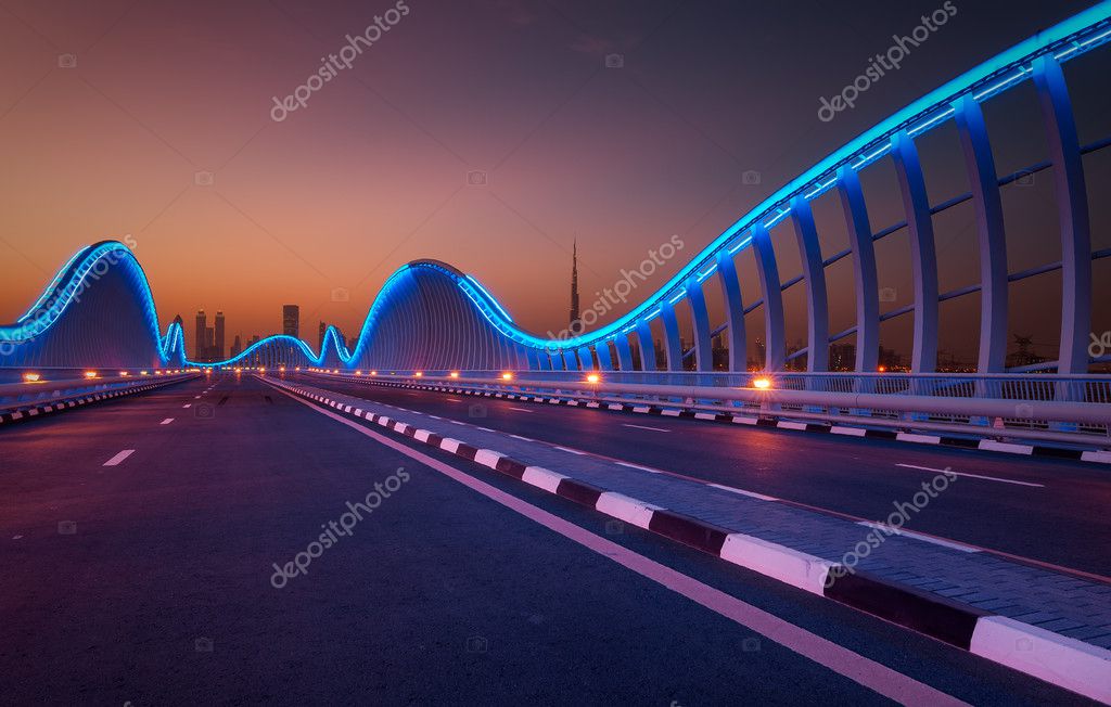 Amazing night dubai VIP bridge with beautiful sunset. Private road to ...
