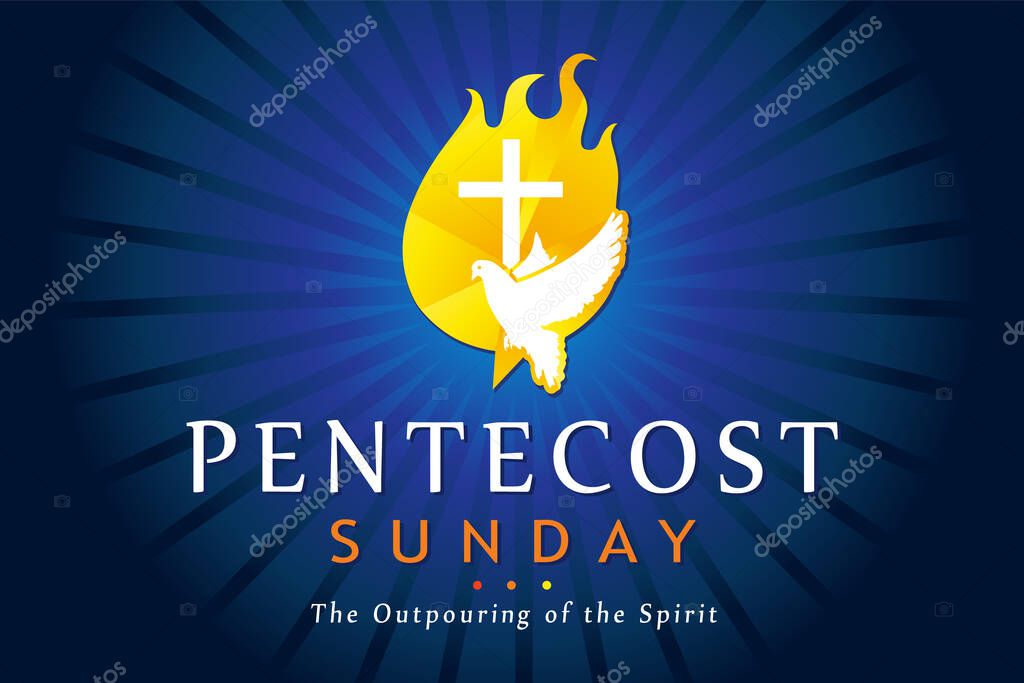 Pentecostés bandera del domingo con el Espíritu Santo en llamas. Invitación modelo para el día ...