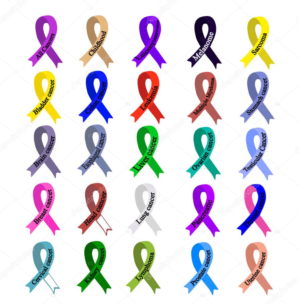Cinta de cáncer. Conjunto de cintas de diferentes colores contra el ...