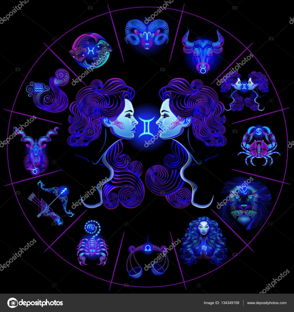 Neon horoscope circle with signs of zodiac. Set astrology signs. Gemini. — Stock Vector ...