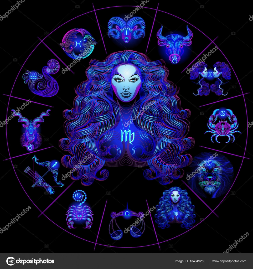 Neon horoscope circle with signs of zodiac. Set astrology signs. Virgo ...