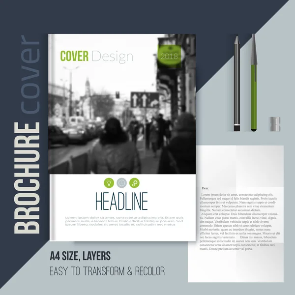 Clean brochure cover template with blured city landscape letter and pen ...