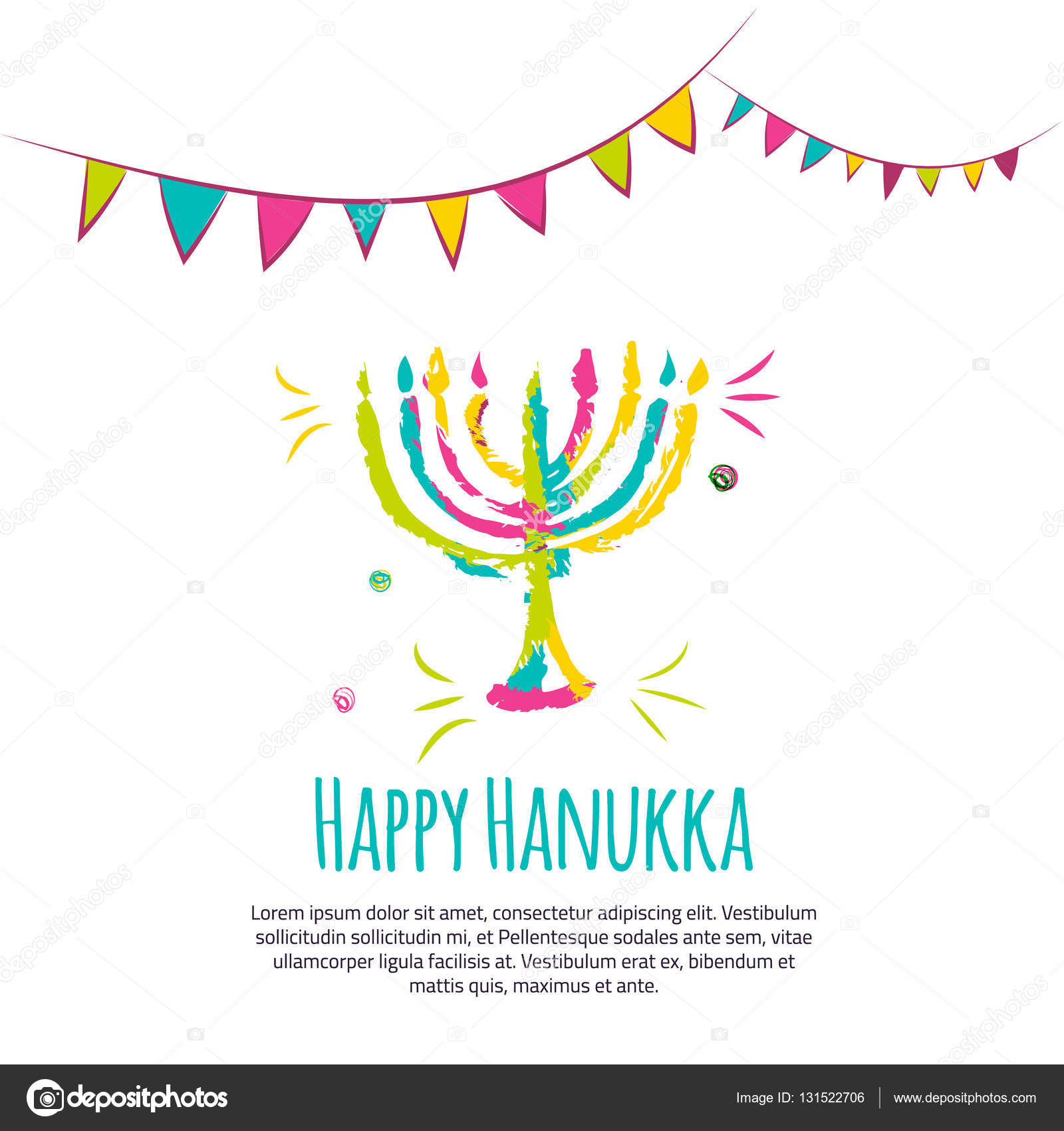 Happy Hanukkah colorful greeting card with hand drawn elements on white ...