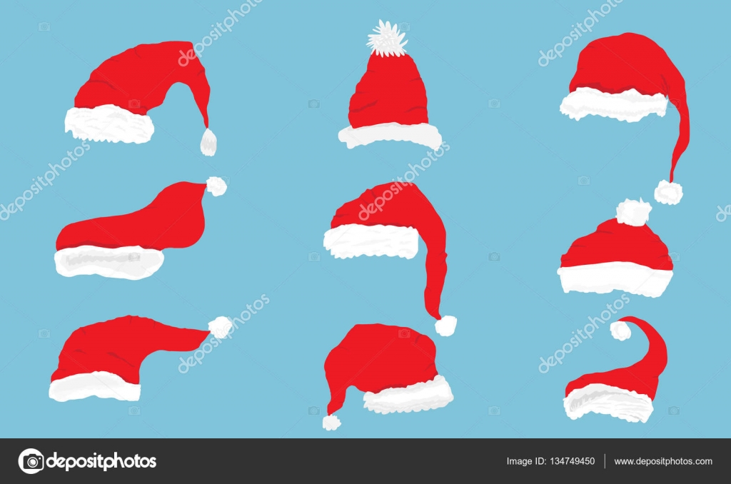 Vector Collection of red santa hats isolated on blue background. Stock ...