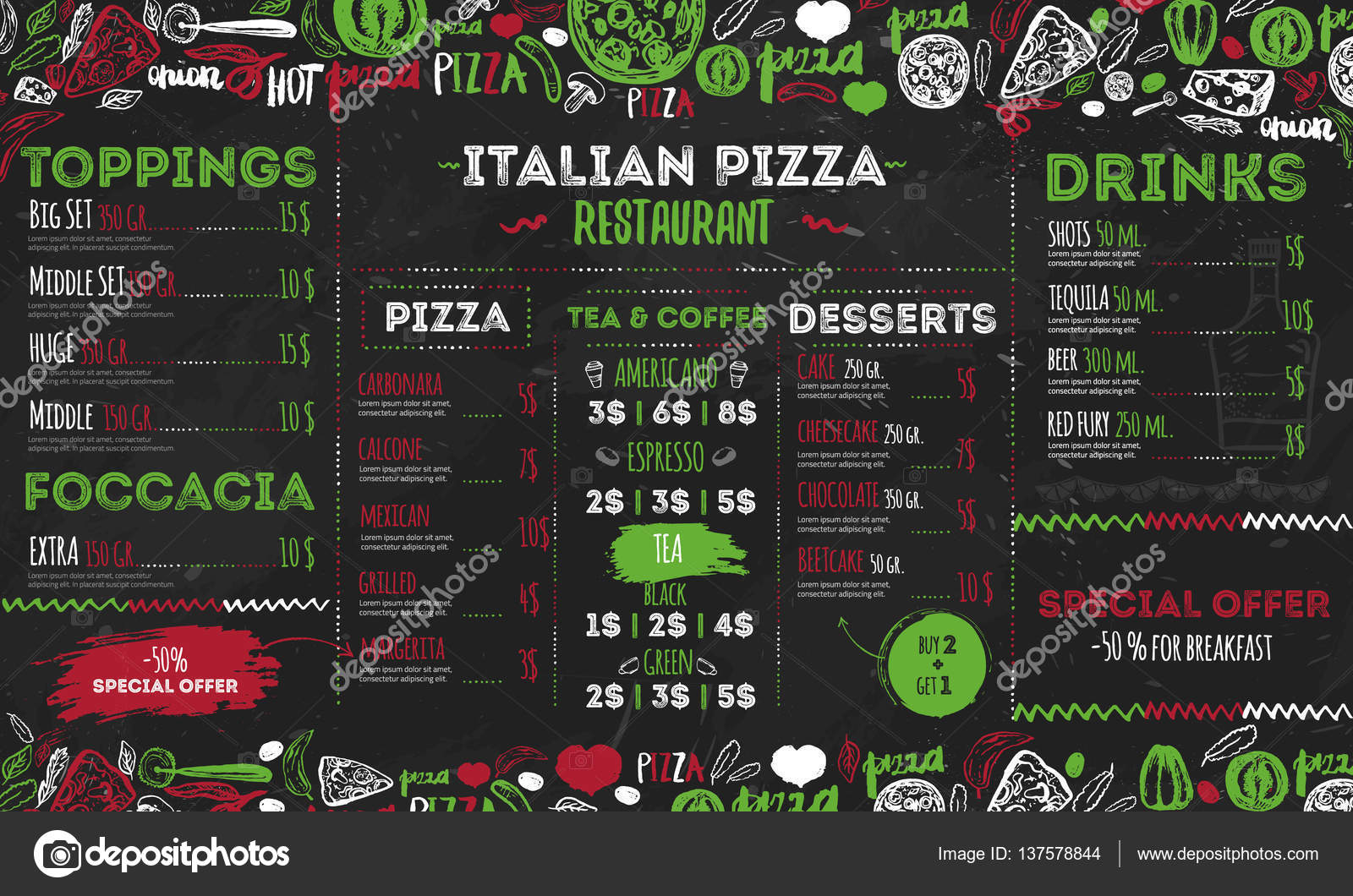 Menu pizza Italia, desain templat untuk restoran, kafe. Flier makanan ...