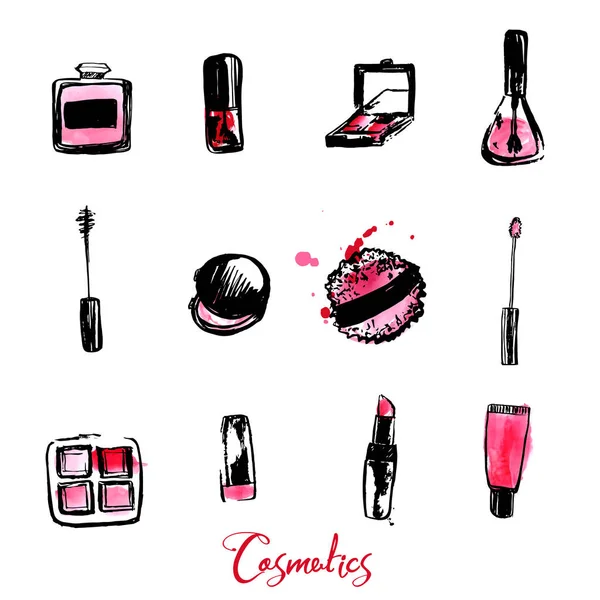 Vector watercolor Glamorous make up set of cosmetics with nail polish ...