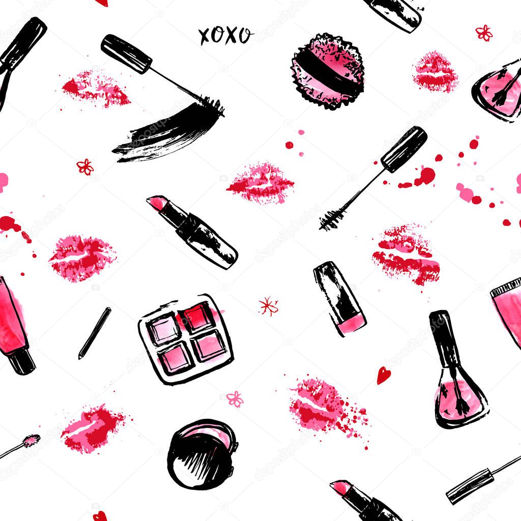 Trendy Make Up Hand drawn seamless pattern. fashion style cosmetics ...