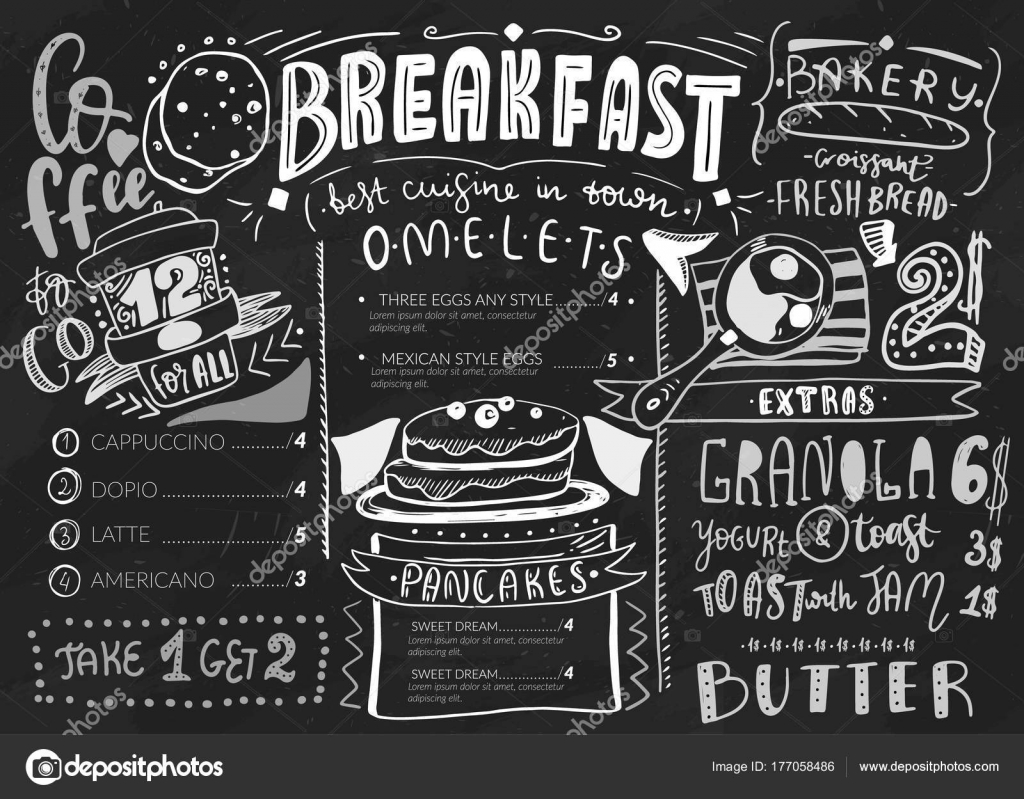 Plantilla de diseño de menú de desayuno. Letras modernas con iconos de ...
