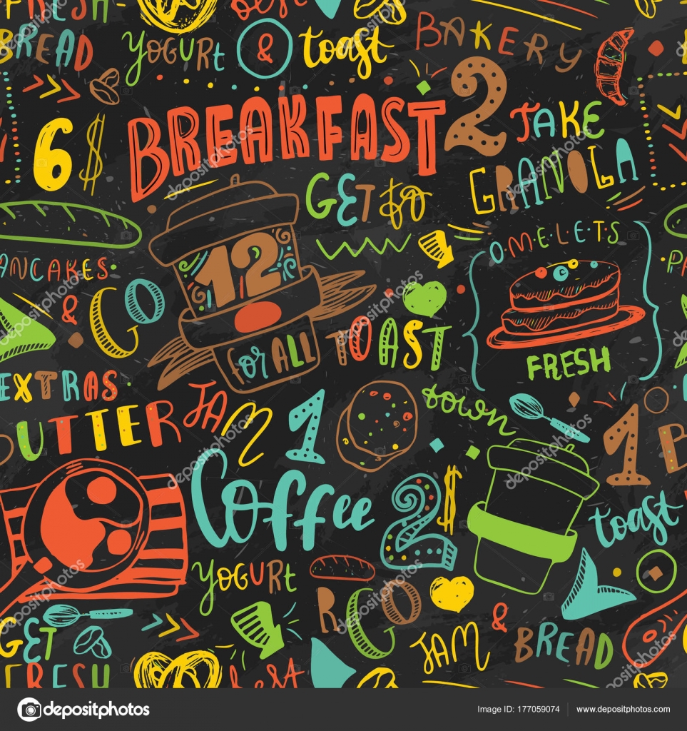 Colorful Breakfast seamless pattern design template. Modern lettering ...