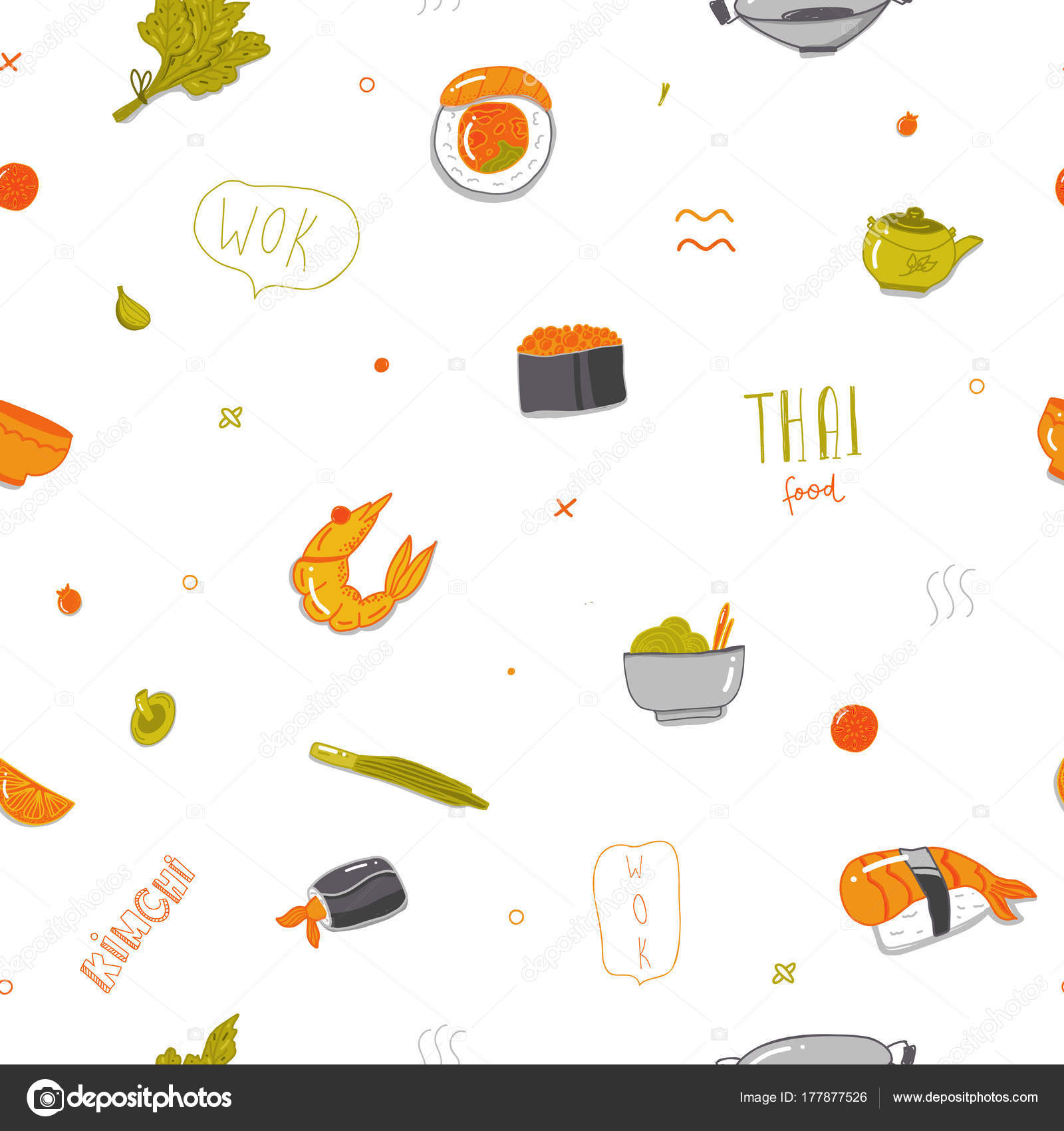 Colorful thai food icons pattern with lettering on white background ...