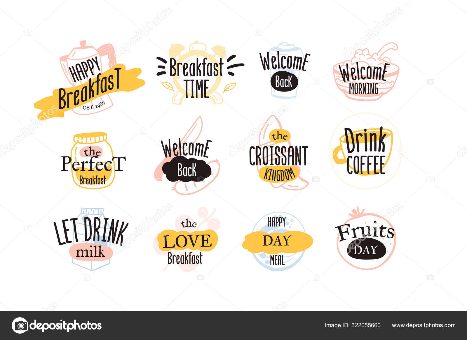 Menu Logo Badge set. Breakfast label collection, vector icon, bakery ...