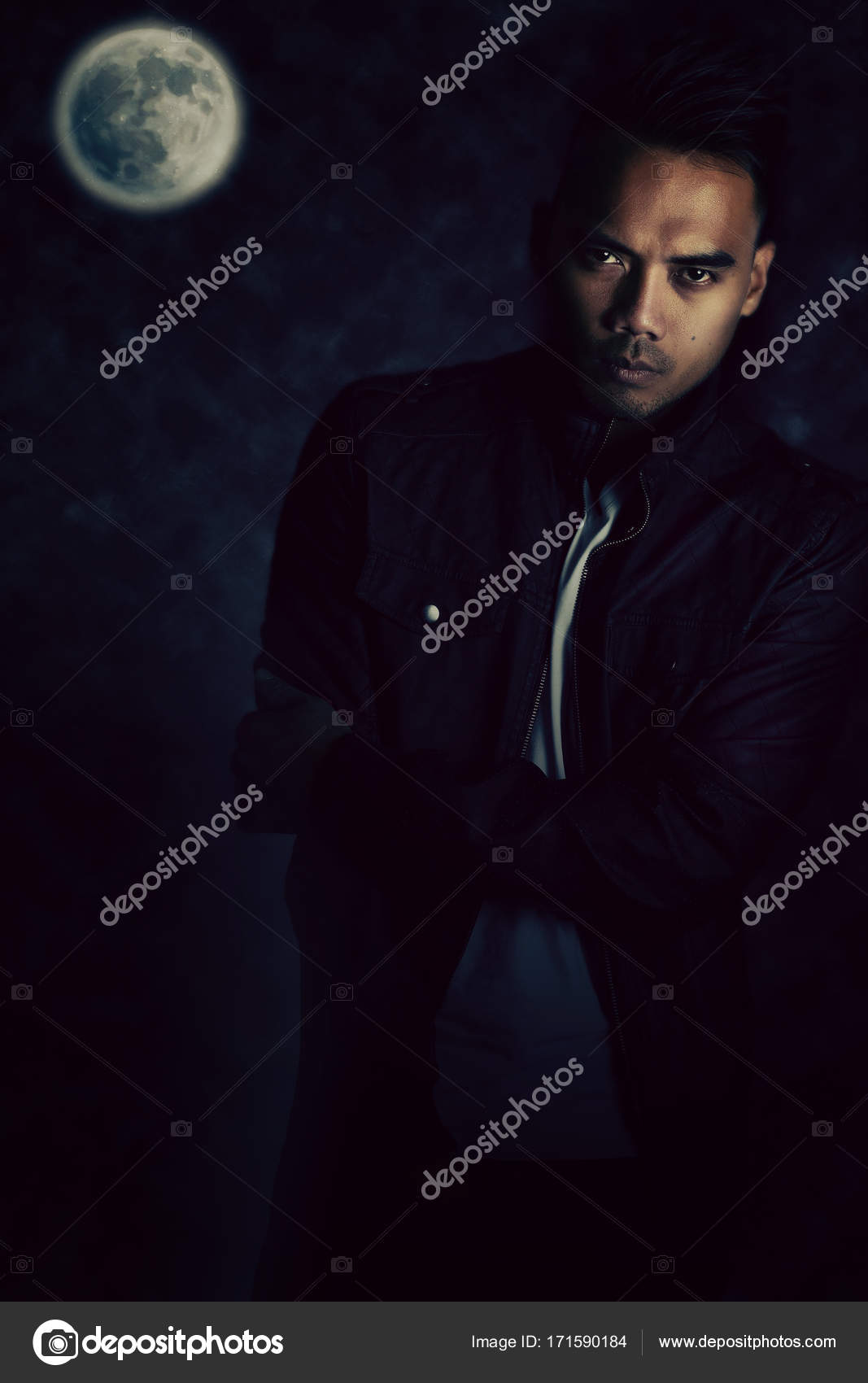 A vampire story. Handsome asian vampire wearing a black leather jacket ...
