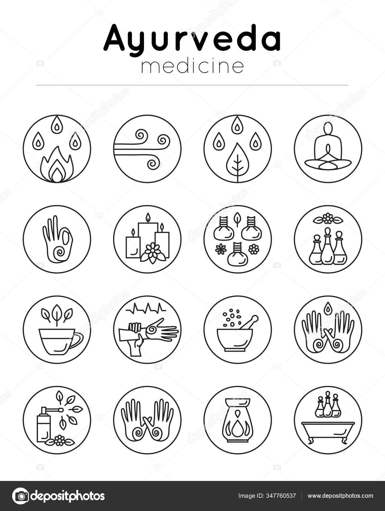 Vector Illustration Set Isolated Ayurveda Icons White Background Trendy ...