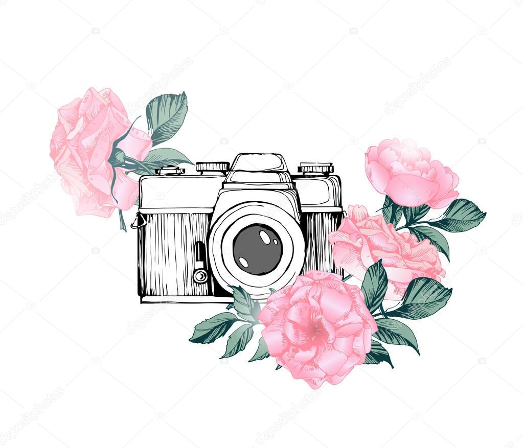 Vintage retro photo camera in flowers, leaves, branches on white ...