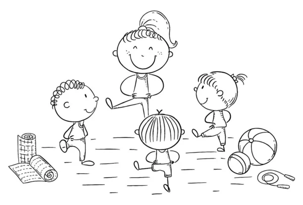 Happy Doodle Schoolkids Teacher School Kindergarten Cartoon Outline ...