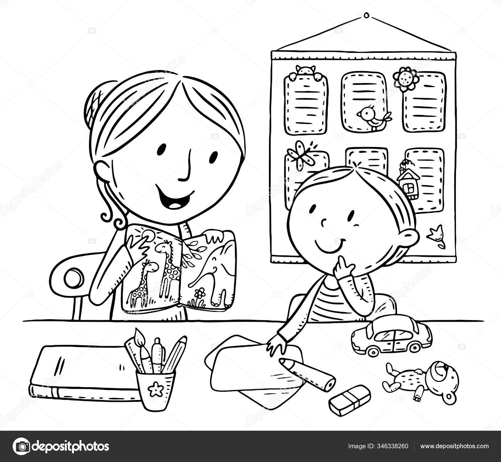 Child Teacher Mother Reading Book Together Describing Pictures ...