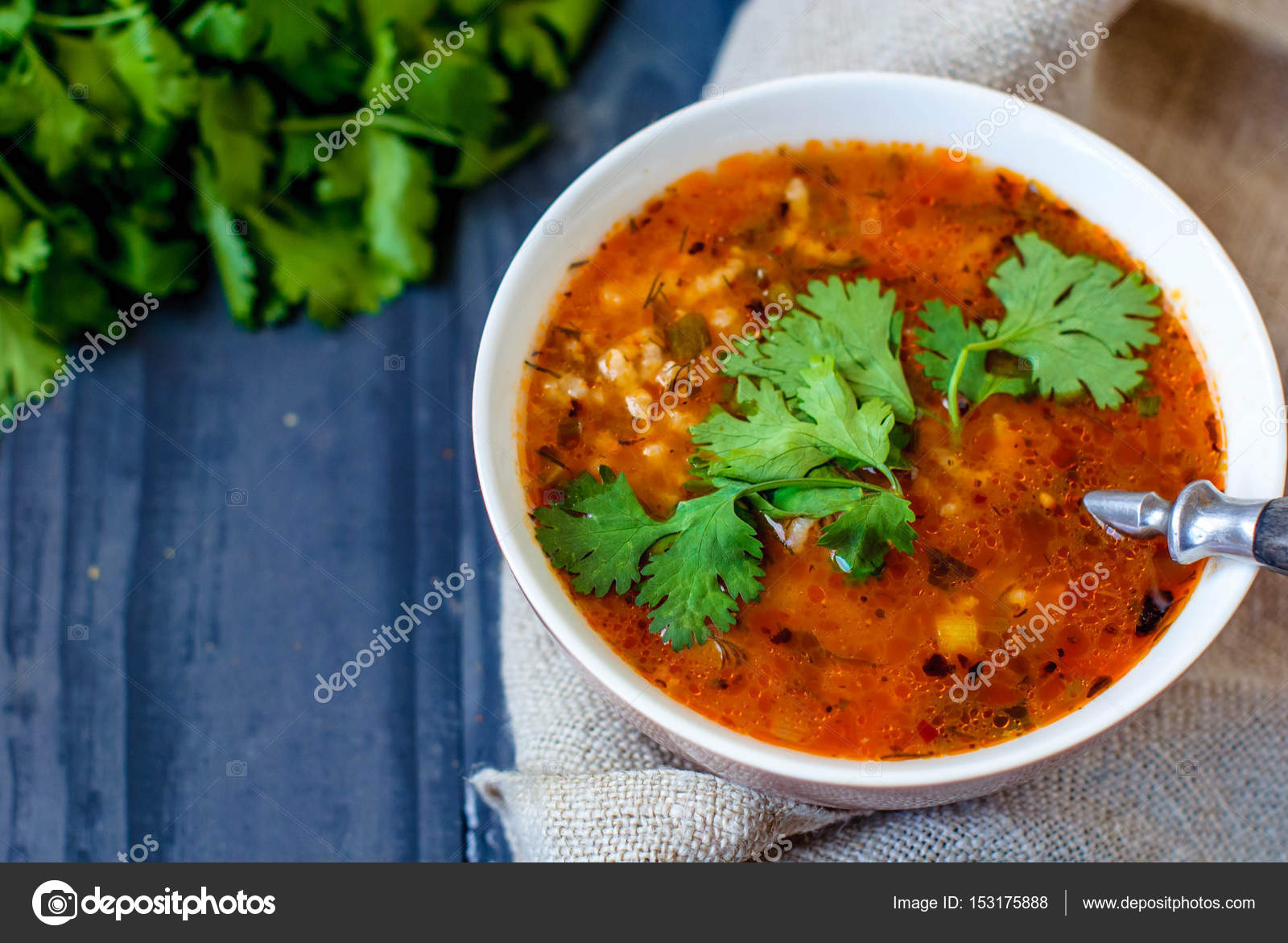 Georgian soup kharcho with lavash. National dish of Georgian harcho ...