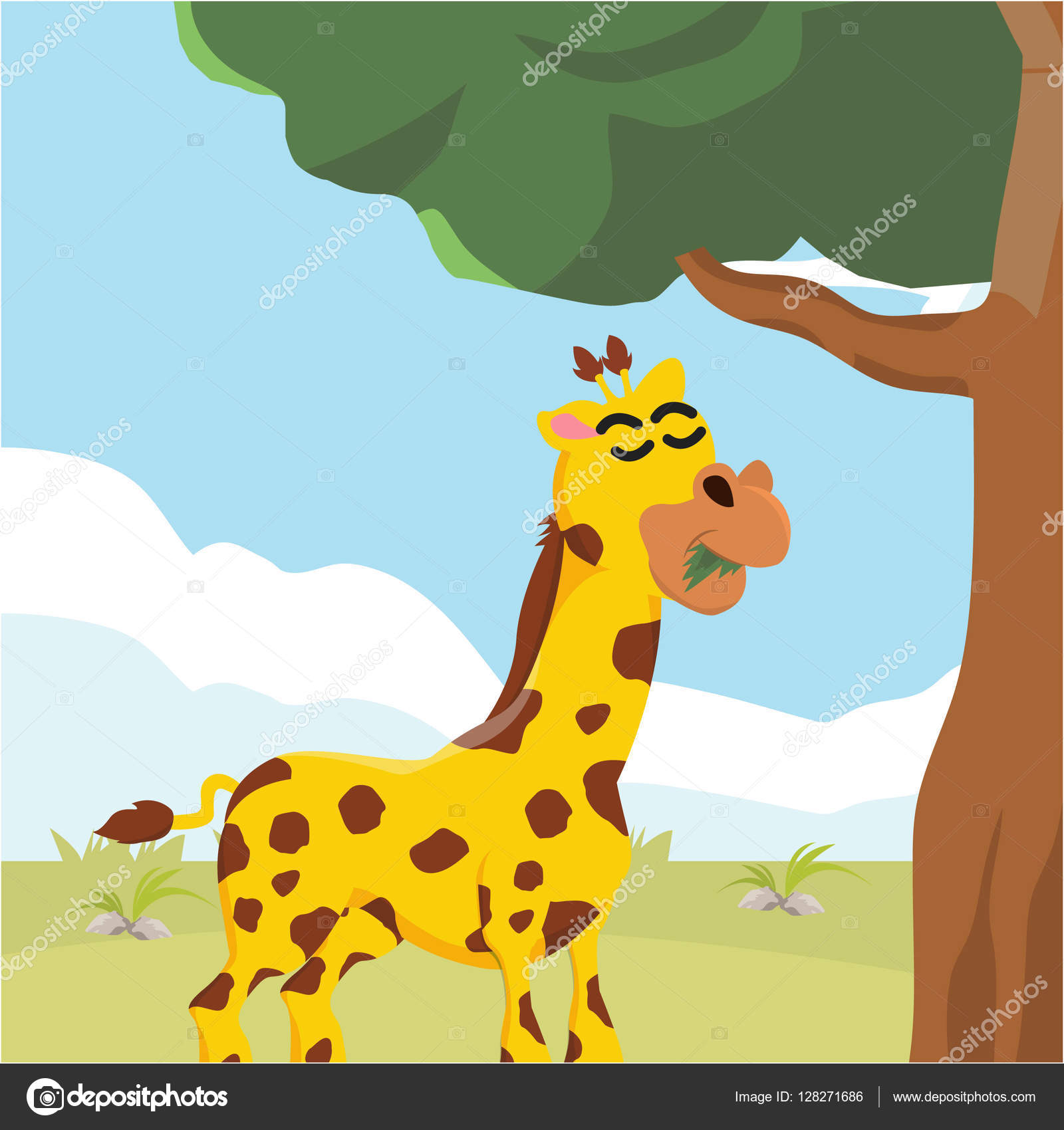 Cartoon Giraffe Eating Tree