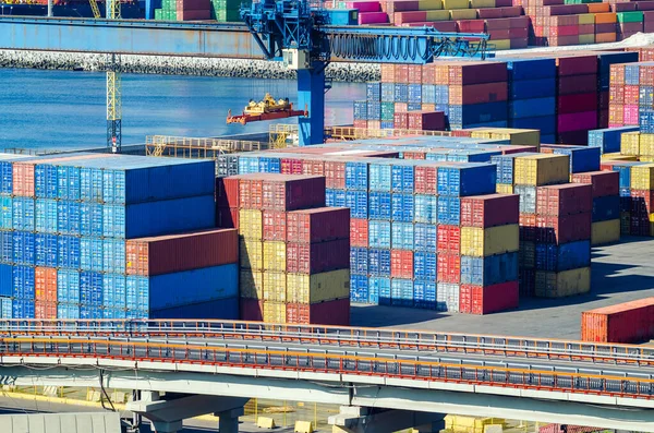 Stacked cargo containers in storage area of freight sea port — Free ...