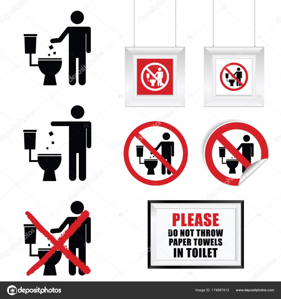 No throw paper towels in toilet sign set illustration Stock Vector ...