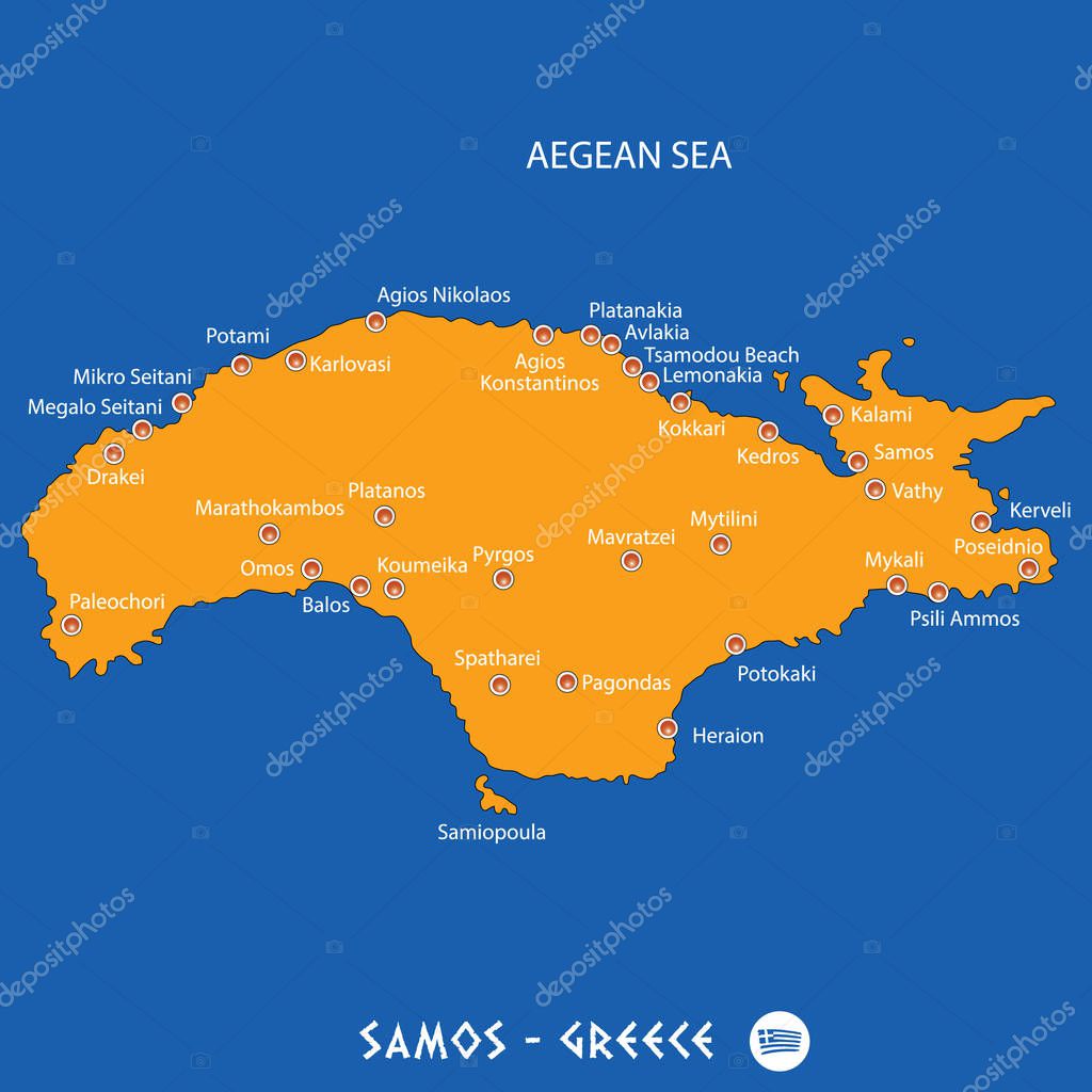 Isla de Samos en Grecia naranja mapa y fondo azul 2022