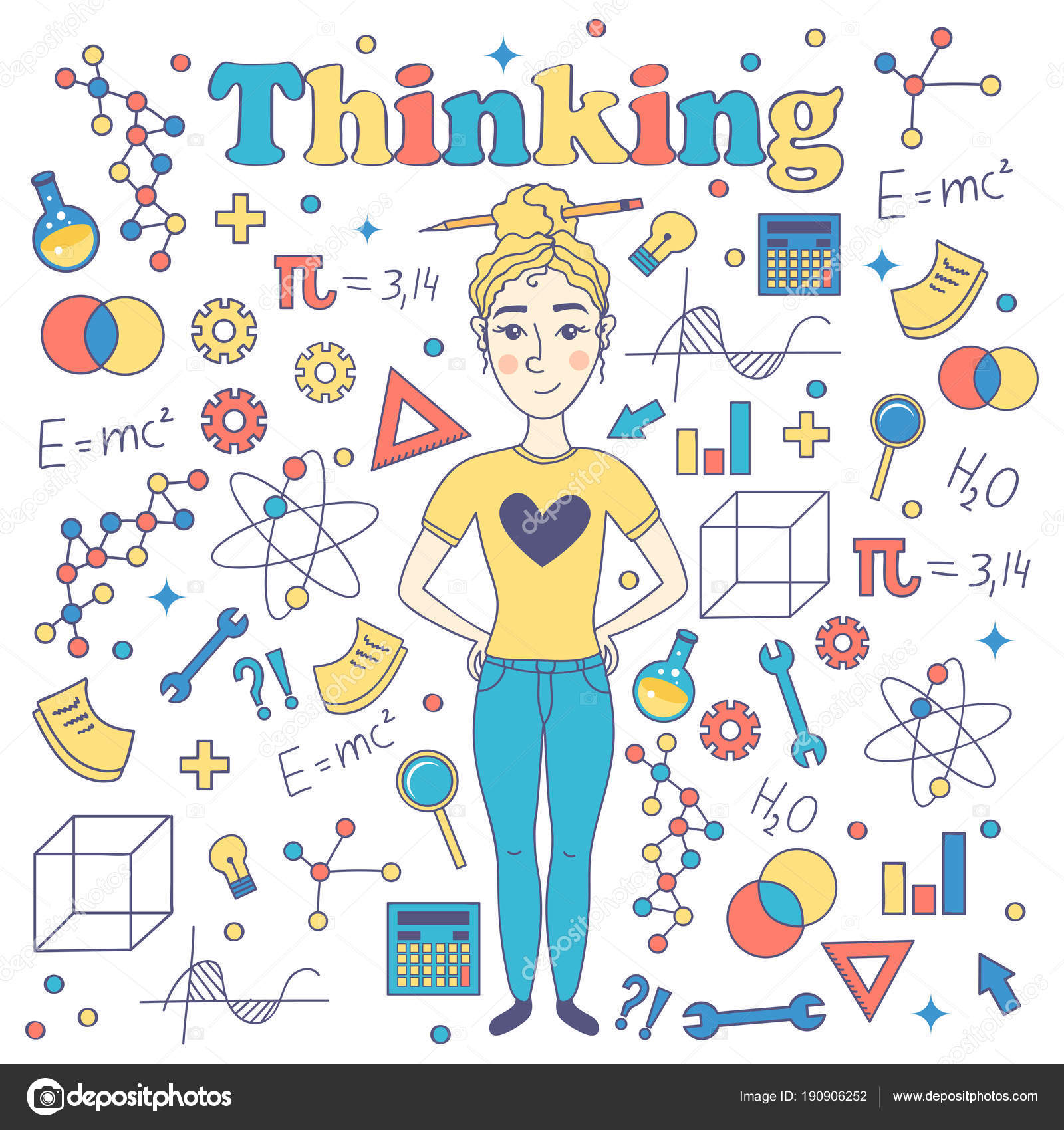 Thinking Scientific Illustration Cartoon Style Smart Girl Mathematical ...