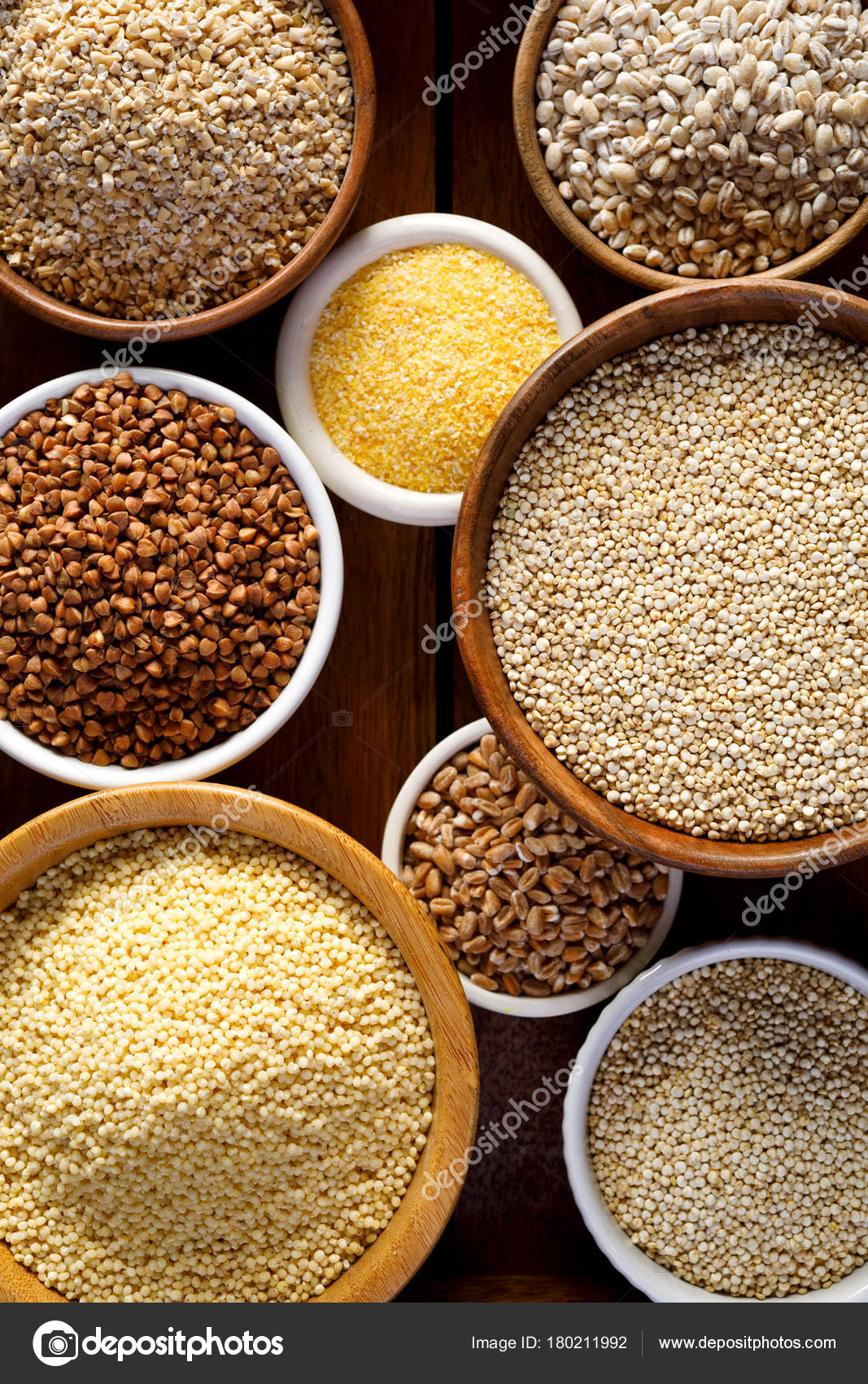 Various Groats Cereals Different Types Groats Bowls Wooden Background ...