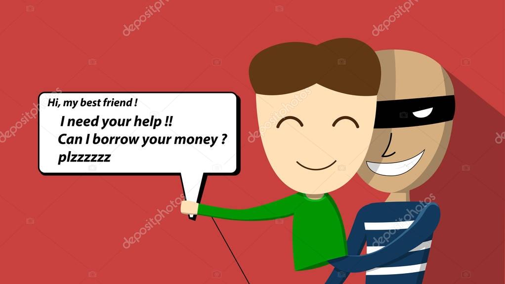 Estafador tratar de estafar a la víctima charlando. arte vectorial 2022