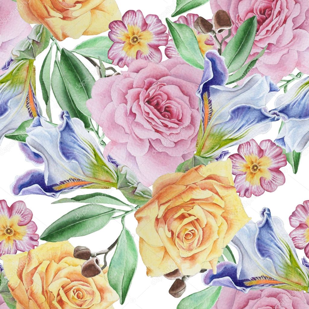 Patr n brillante sin costuras con flores. Rose! Iris. Ilustraci n en acuarela. Dibujado a mano. 2024
