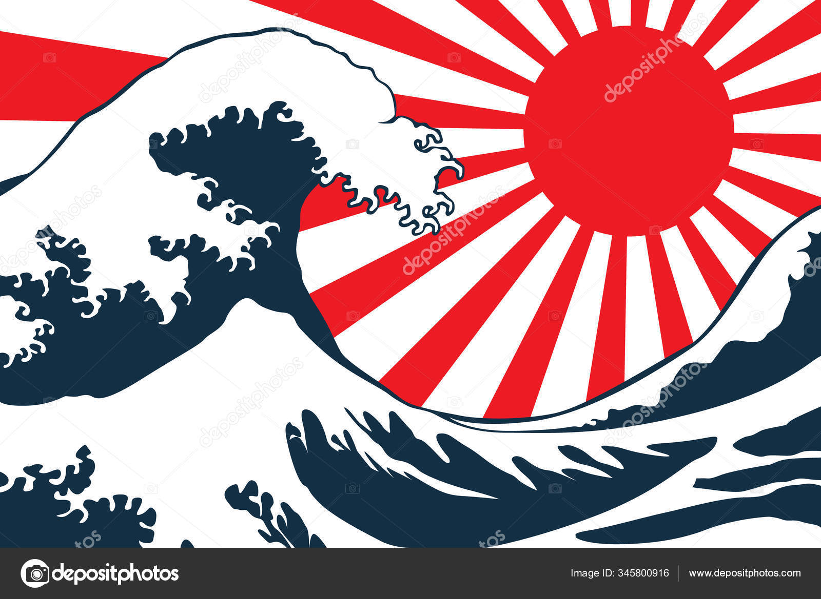 Wave Vector Illustration Japanese Red Sun Shine Japan Background Hand ...