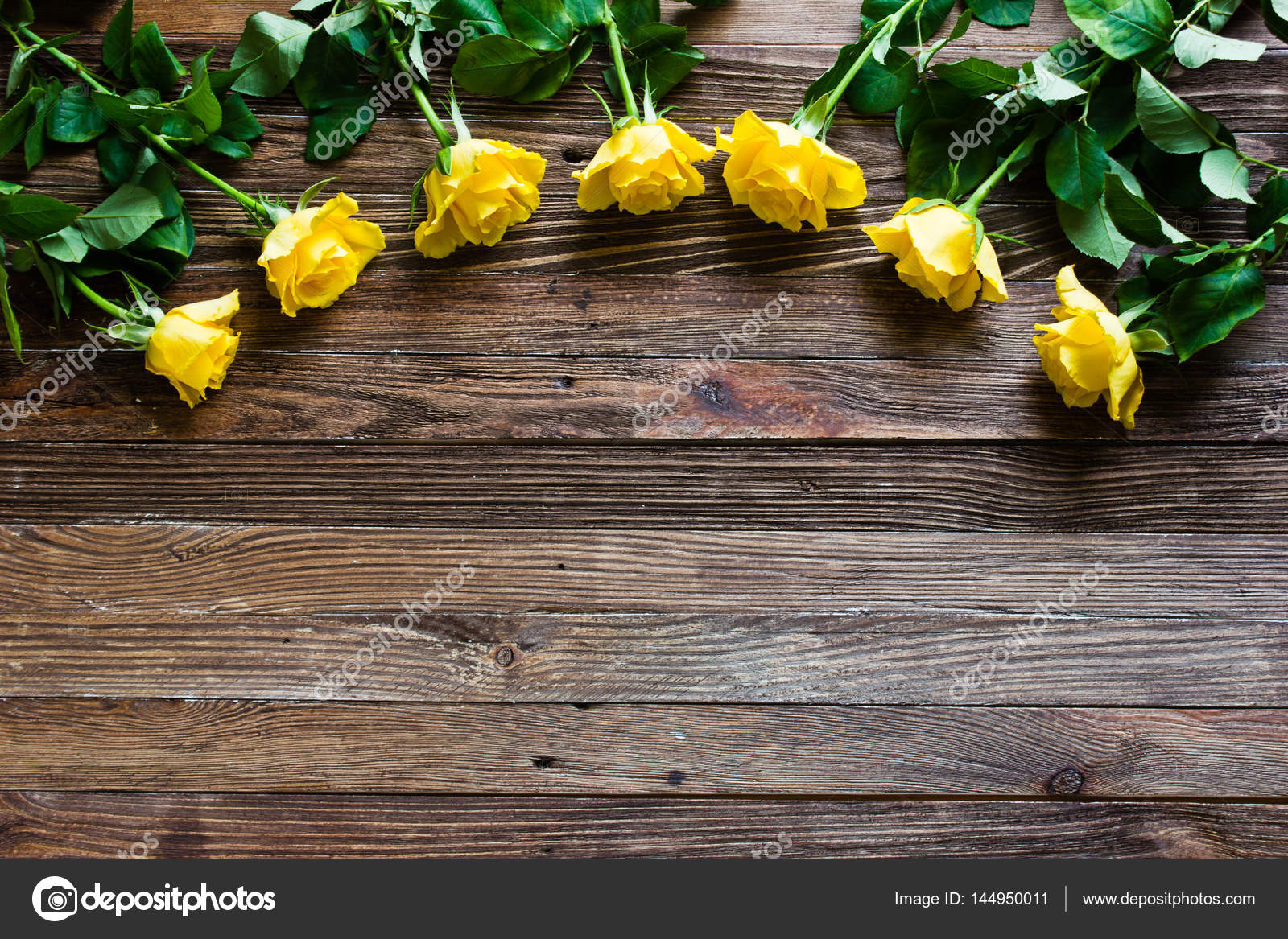 Romantic background with the yellow roses lying on a wooden tabl ...